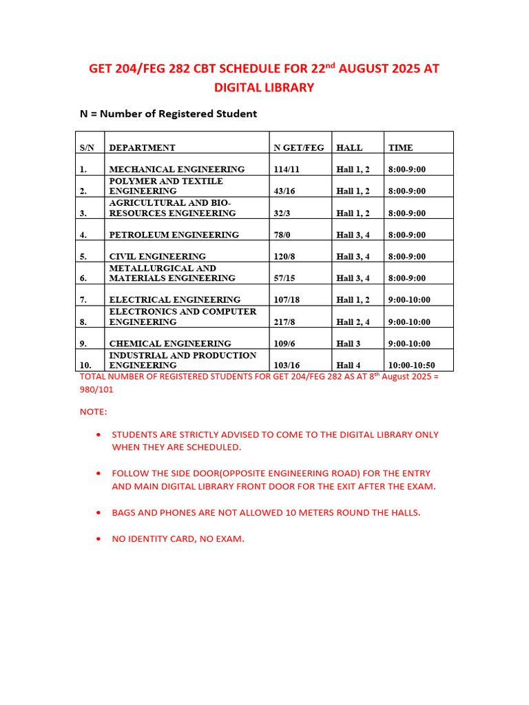 Get 204-Feg 282 Cbt Schedule for 22nd August 2025 | PDF