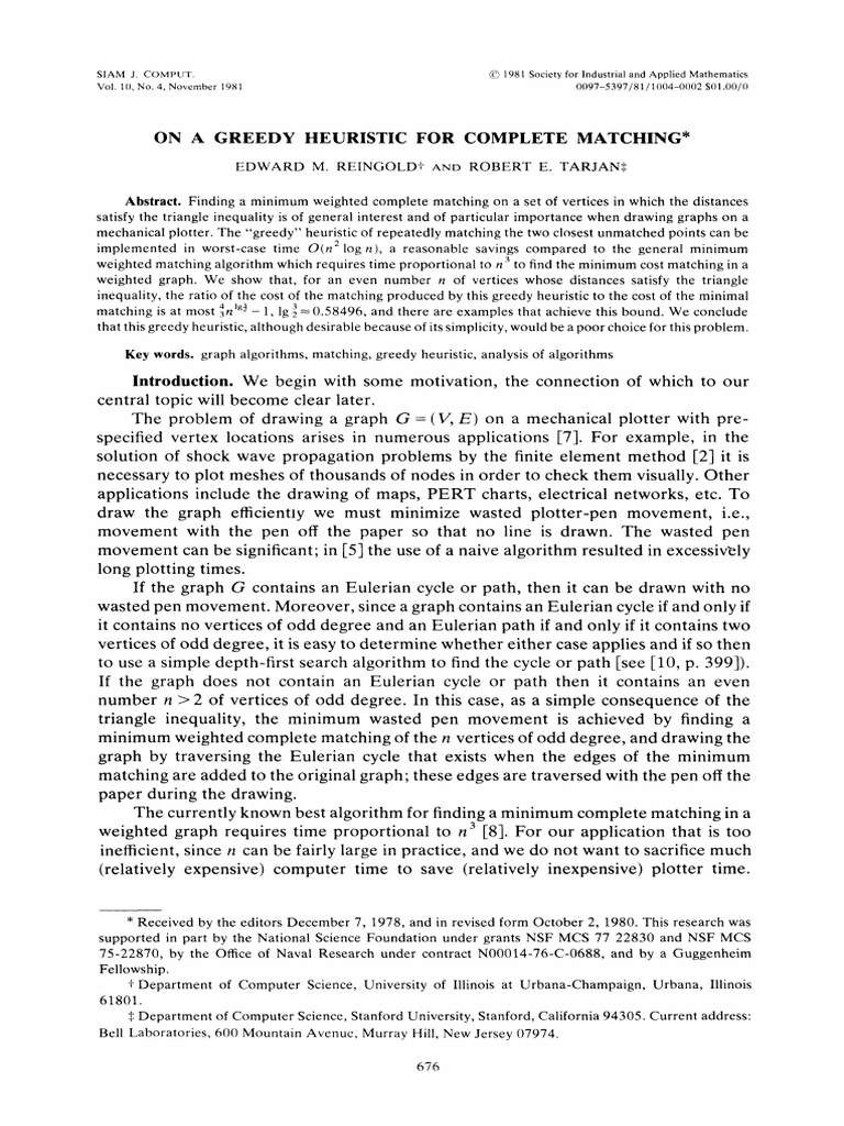 Reingold Tarjan Greedy Metric Perfect Matching Approximation | PDF ...