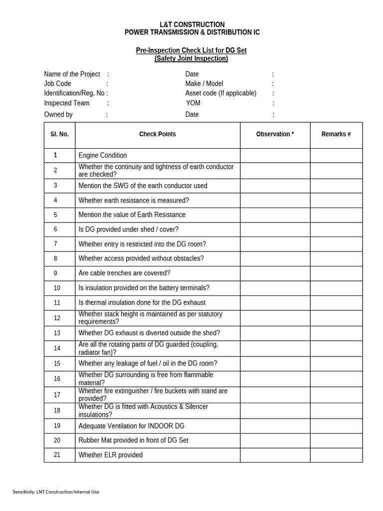 4.Pre-Inspection Check List - DG Set | PDF | Building Insulation | Building Engineering