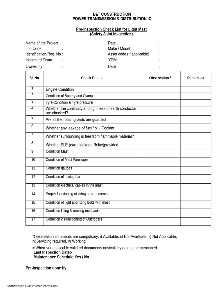 5.Pre-Inspection Check List - Light Mast | PDF | Electric Power ...