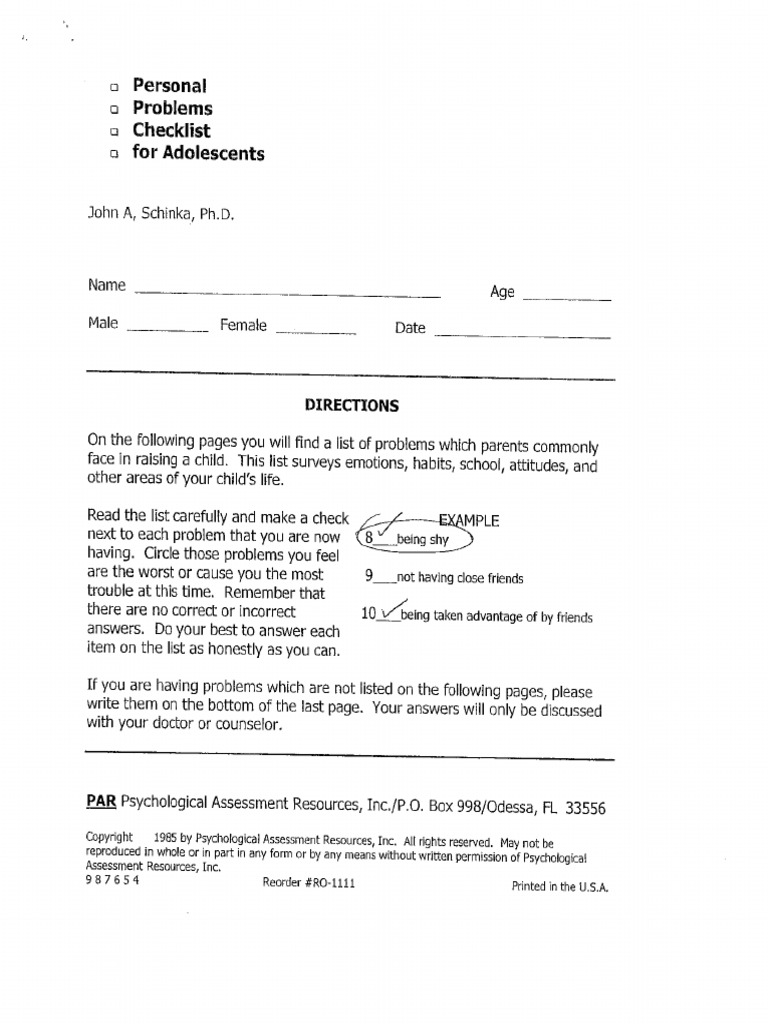 Adolescent Problem Checklist | PDF