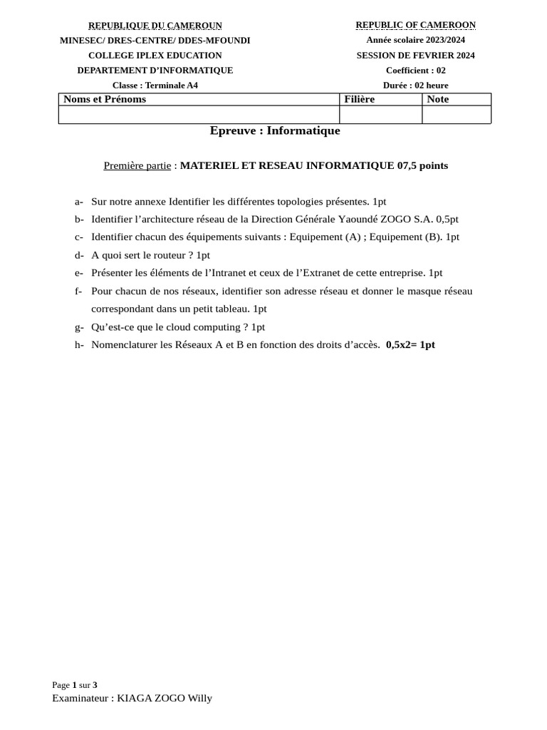 Examen Informatique Terminale A4 2024 | PDF | Logiciel de gestion des ...