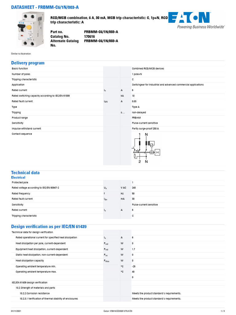 RCD/MCB 6A 30mA Datasheet | PDF | Insulator (Electricity) | Electricity