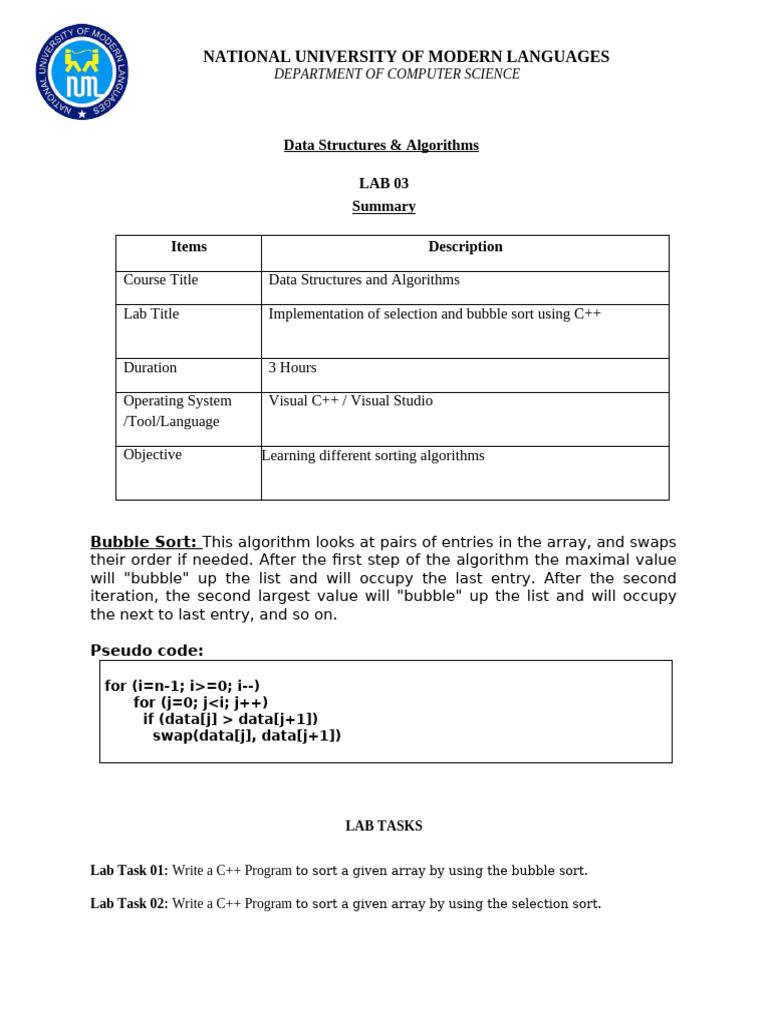 DSA-LAB 03 Sorting Algo | PDF