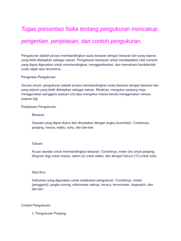 Tugas Presentasi Fisika Tentang Pengukuran Mencakup Pengertian, Penjelasan, Dan Contoh ...