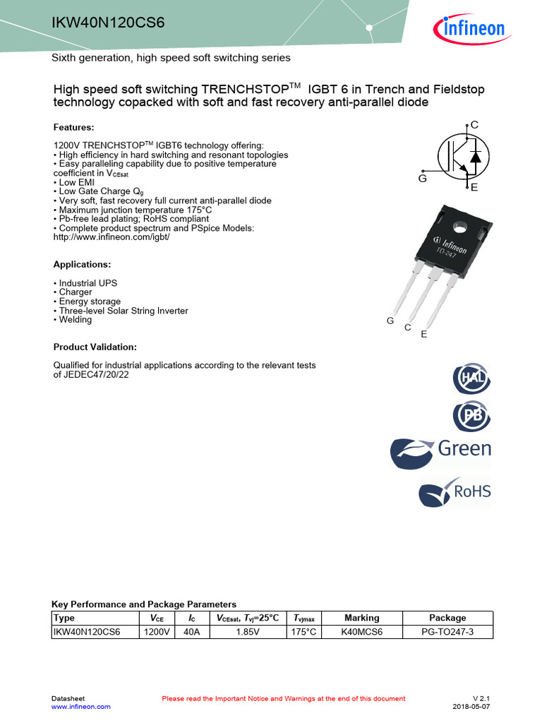 Infineon IKW40N120CS6 DataSheet v02 01 en | PDF | Electrical Equipment | Electrical Engineering
