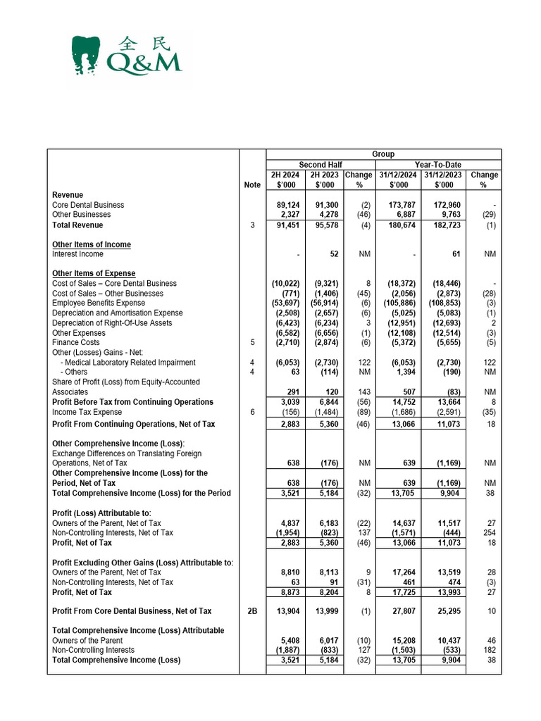 Q&M Dental Group 2024 Financial Summary | PDF | Equity (Finance) | Expense