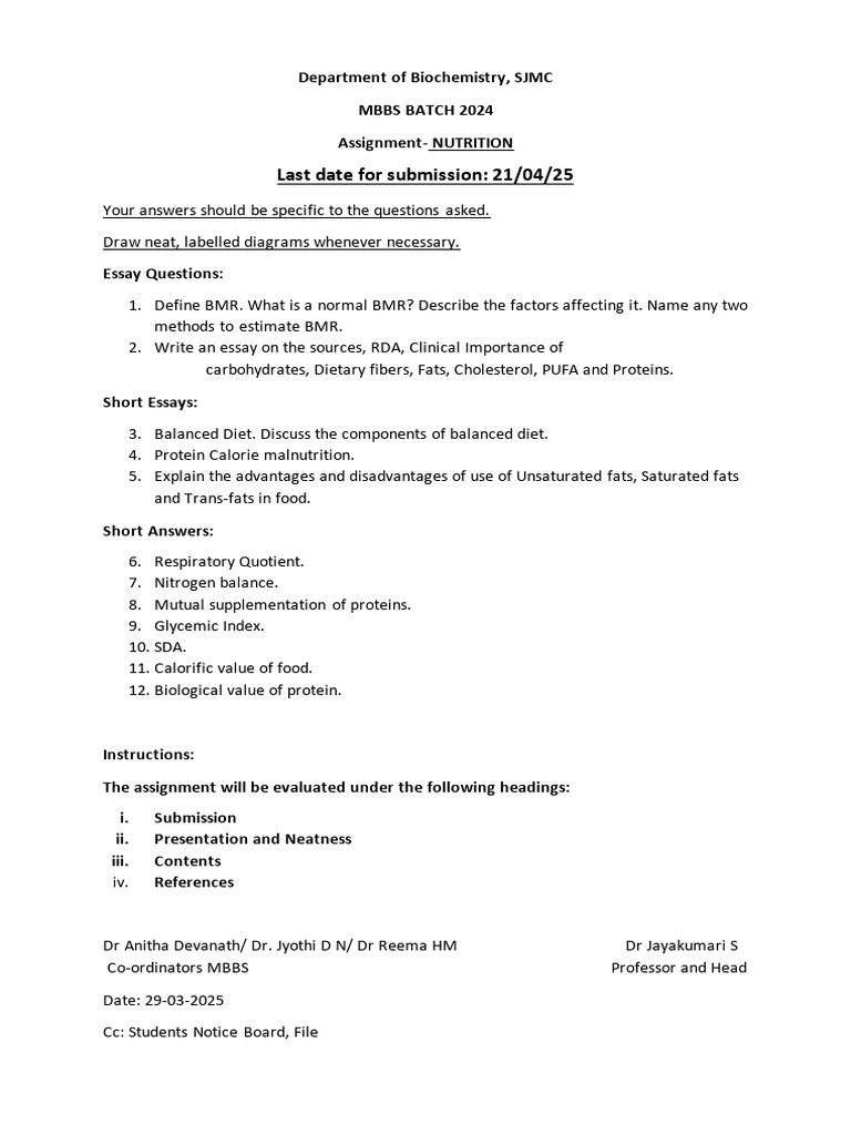 MBBS 2024 Nutrition Assignment Guidelines | PDF