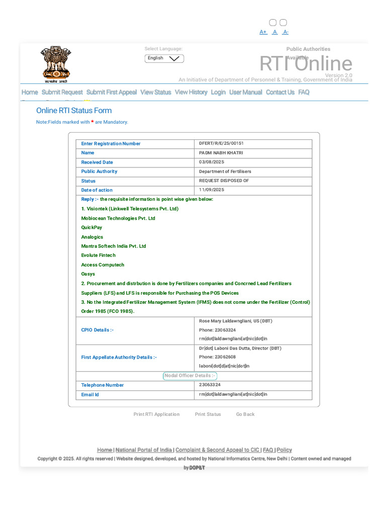 RTI Online Status: Request Disposed | PDF | Computing