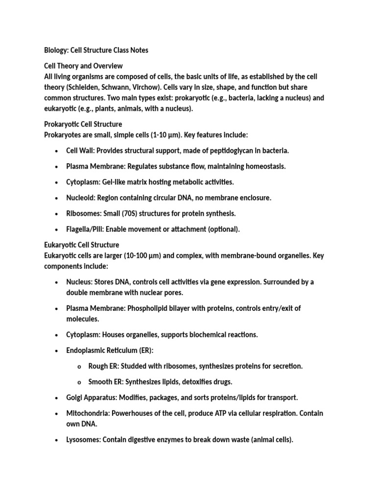 Biology Cell Structure Class Notes | PDF | Cell (Biology) | Cell Membrane