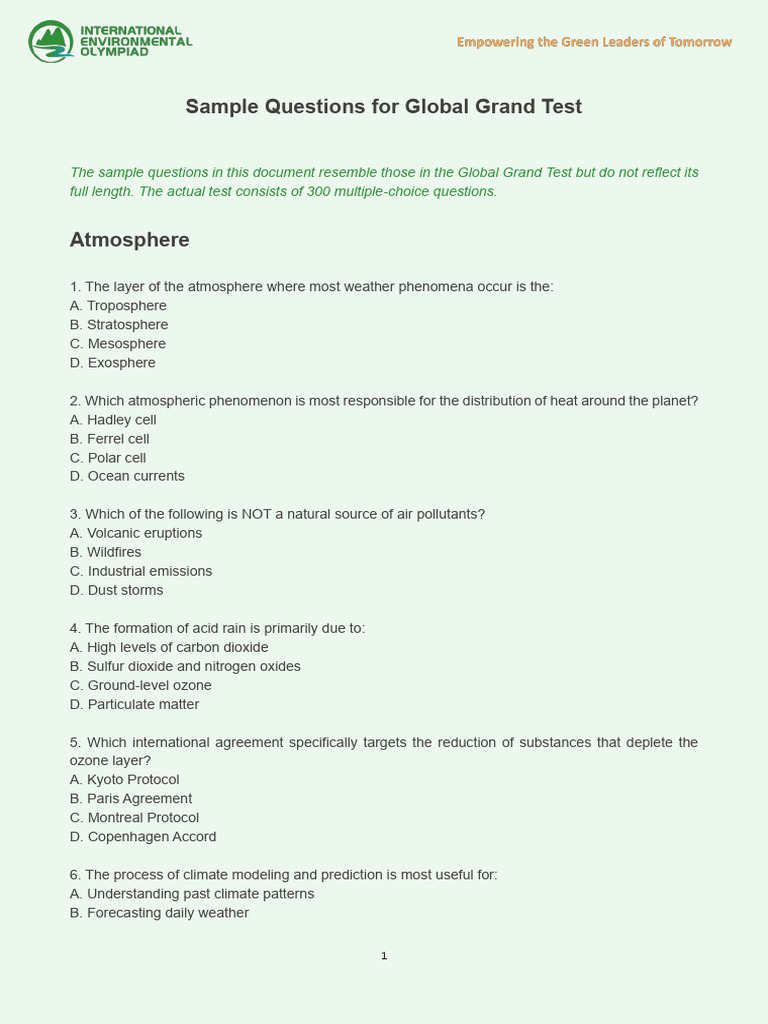 Global Grand Test Sample Questions | PDF | Atmosphere Of Earth | Atmosphere
