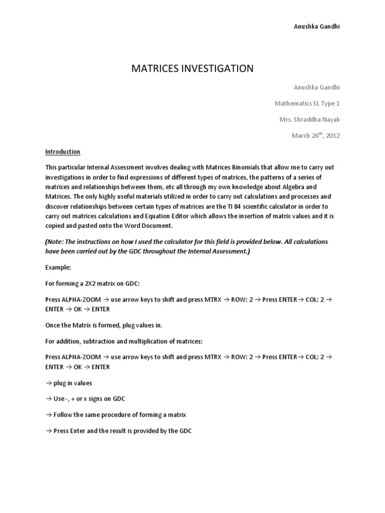 Matrices Investigation | PDF | Matrix (Mathematics) | Linear Algebra