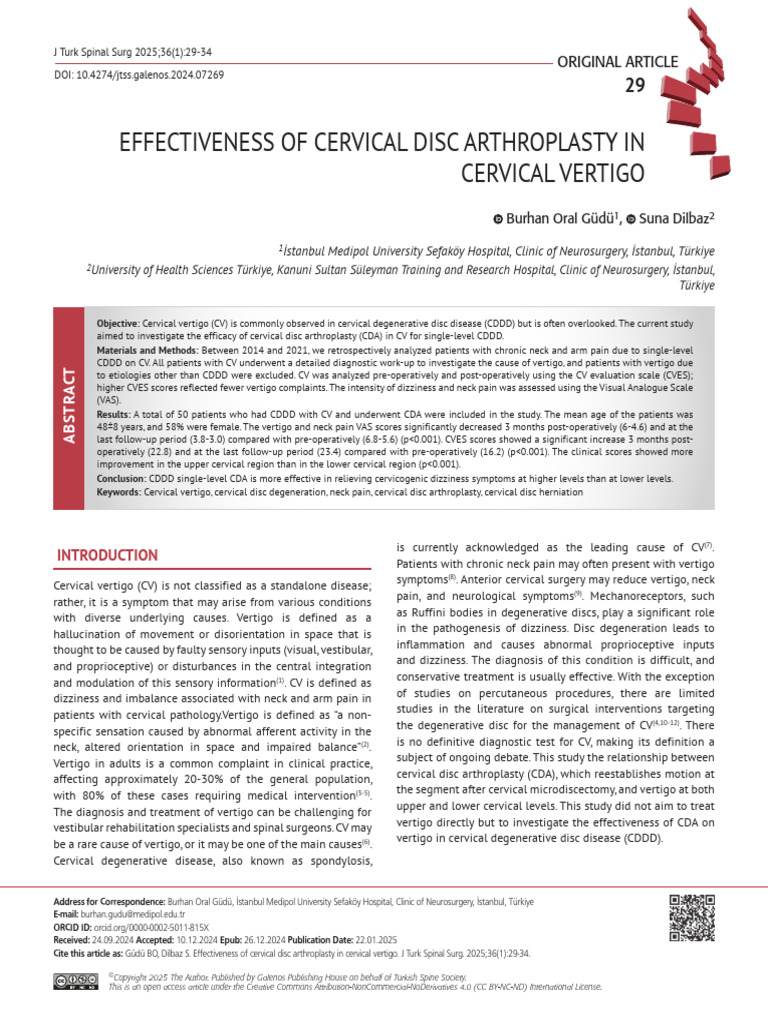 Cervical Disc Arthroplasty for Vertigo | PDF | Vertigo | Diseases And ...