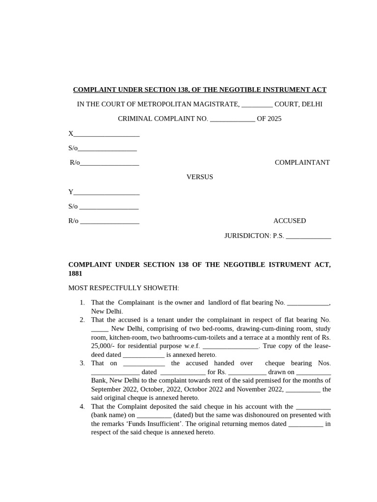 Complaint Under Section 138 Negotiable Instrument Act | PDF | Cheque | Common Law