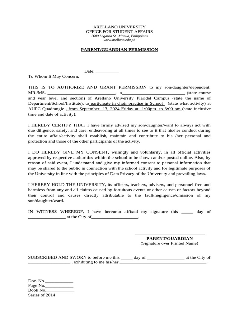 Choir Practise 2024 Parent Permission | PDF | Private Law | Justice