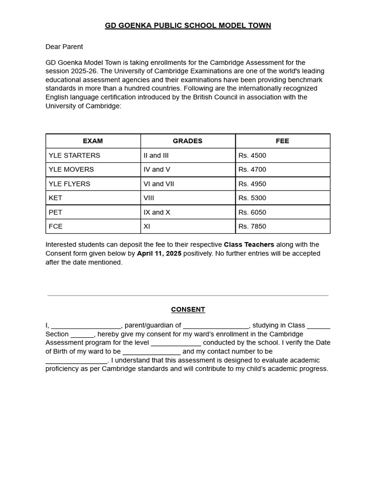GD Goenka Model Town Cambridge Enrollment | PDF