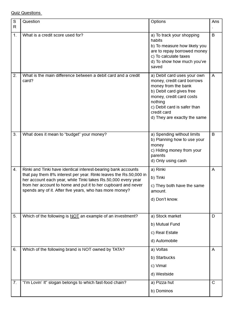 Quiz Questions Sorted | PDF | Debit Card | Cheque