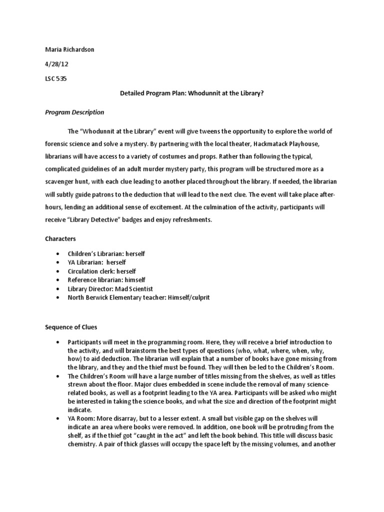 Detailed Program Plan: Whodunnit at The Library? | PDF | Librarian ...