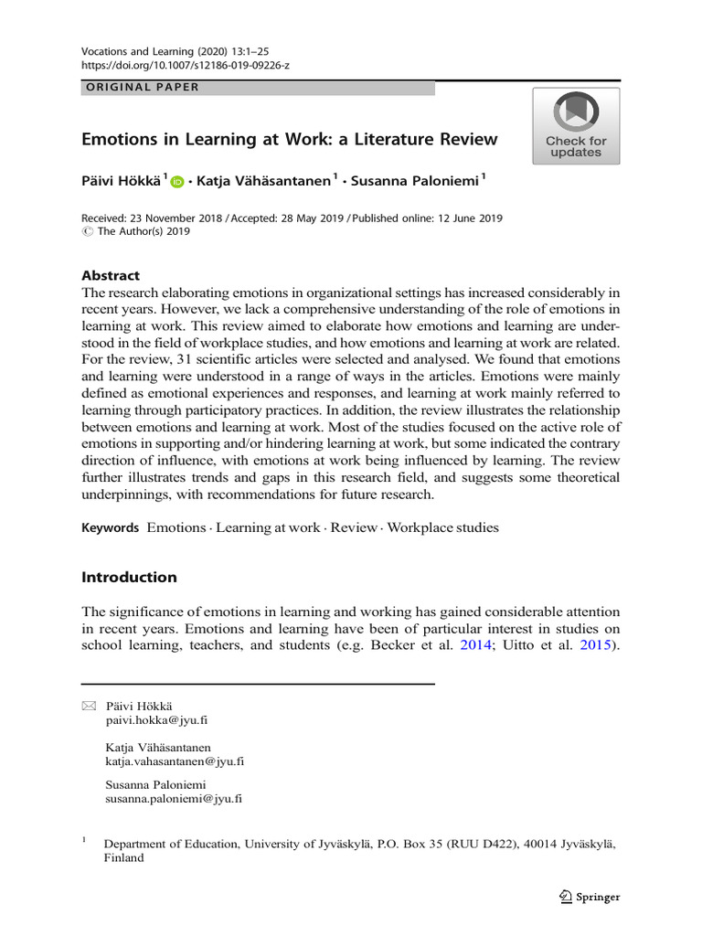 Emotions in Learning at Work A Literature Review U89ztajsc3 | PDF ...