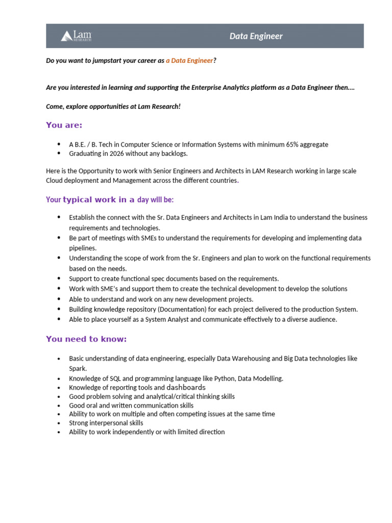 Data Engineer Job Description | PDF | Analytics | Data