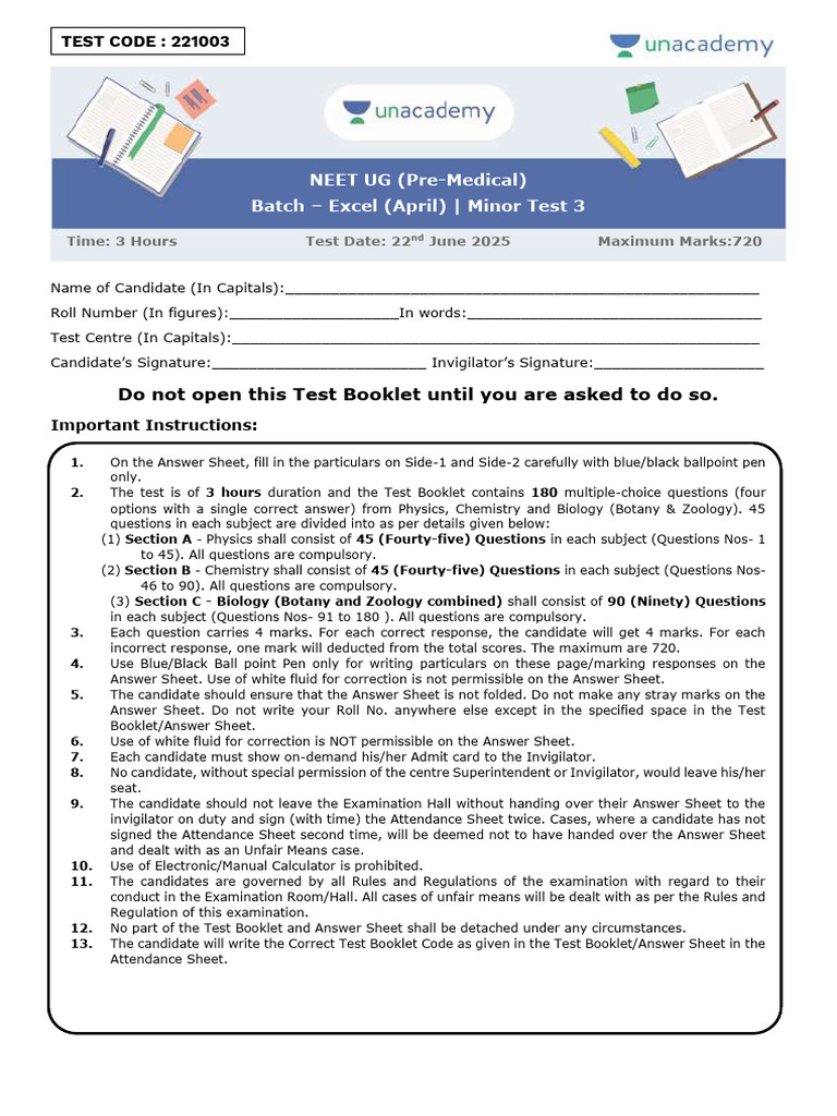 NEET EXCEL April Minor Test 3 221003 Faculty Copy 22-06-2025 3 | PDF ...