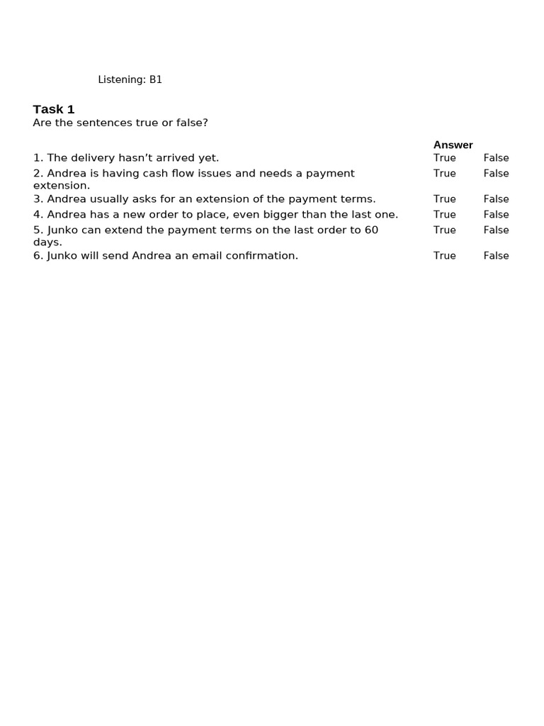 Listening Exercise: B1 True/False Tasks | PDF