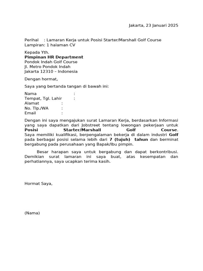 Surat Lamaran Bahasa Indonesia - Contoh | PDF