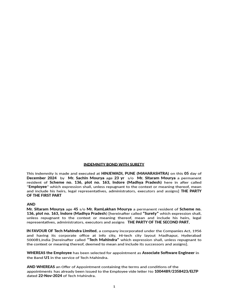Indemnity Bond Template | PDF | Indemnity | Surety