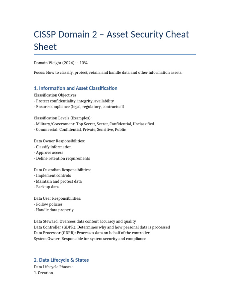 CISSP Domain2 Asset Security CheatSheet | PDF | Espionage Techniques | Cryptography