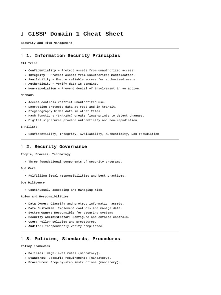 CISSP Domain 1 Overview Cheat Sheet | PDF | Information Security | Security