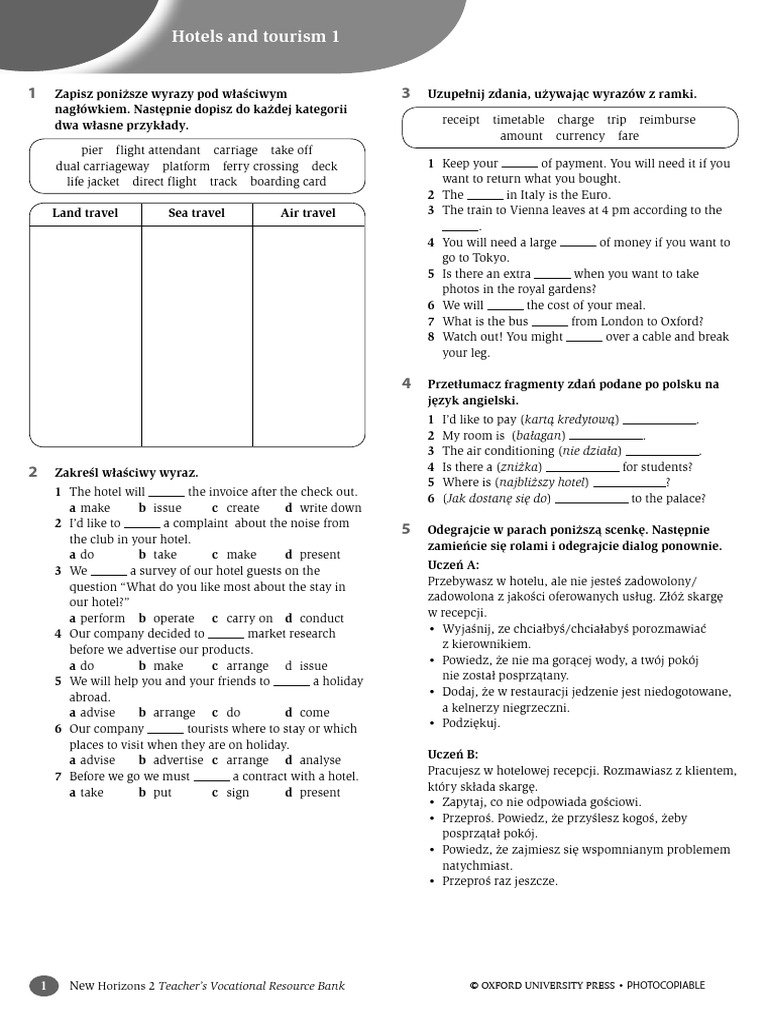 New Horizons 27 Hotels and Tourism Worksheets | PDF