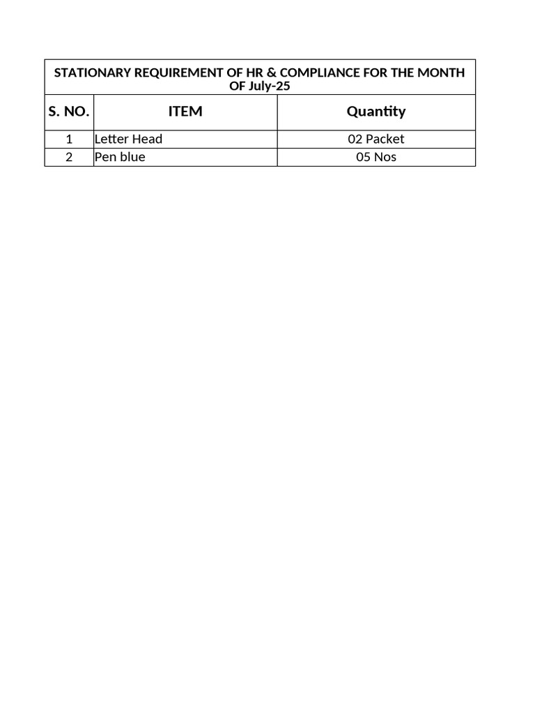 Stationary Requirment Format | PDF | Writing Implements | Stationery