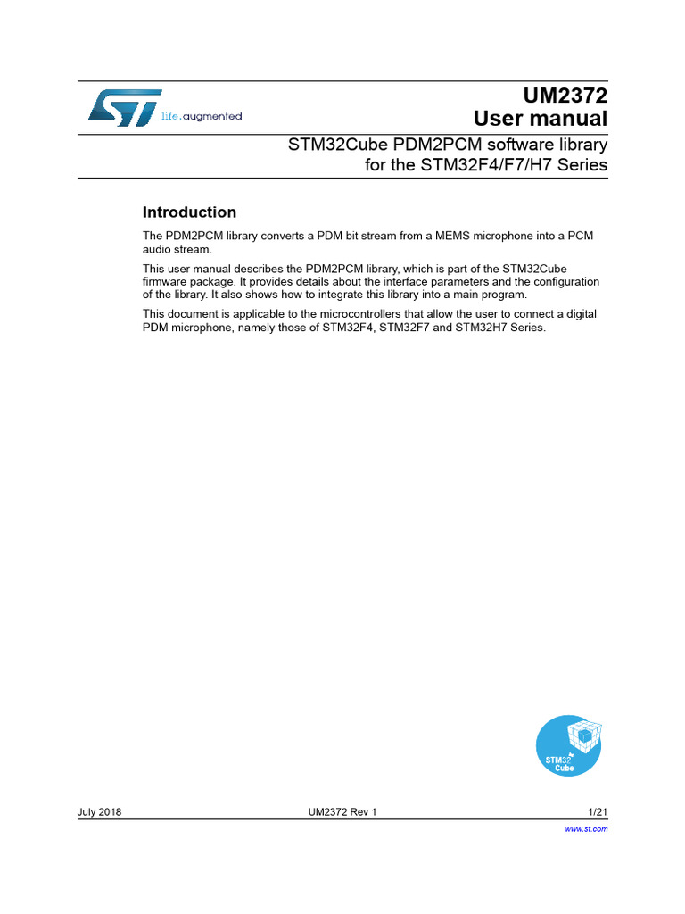 Um2372 Stm32cube Pdm2pcm Software Library For The Stm32f4f7h7 Series Stmicroelectronics | PDF ...