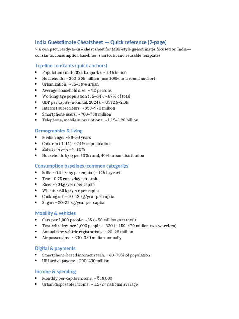India Guesstimate Cheat Sheet 2025 | PDF | Consumption (Economics ...