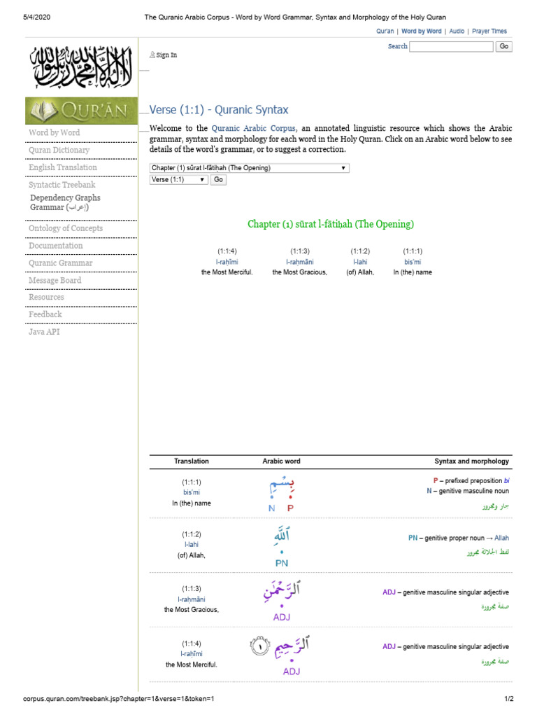 The Quranic Arabic Corpus - Word by Word Grammar, Syntax and Morphology of The Holy Quran | PDF ...