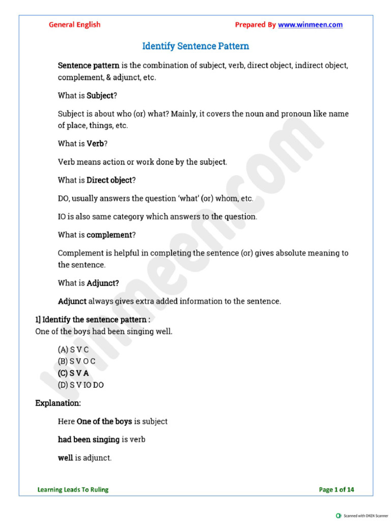 Identify Sentence Pattern | PDF