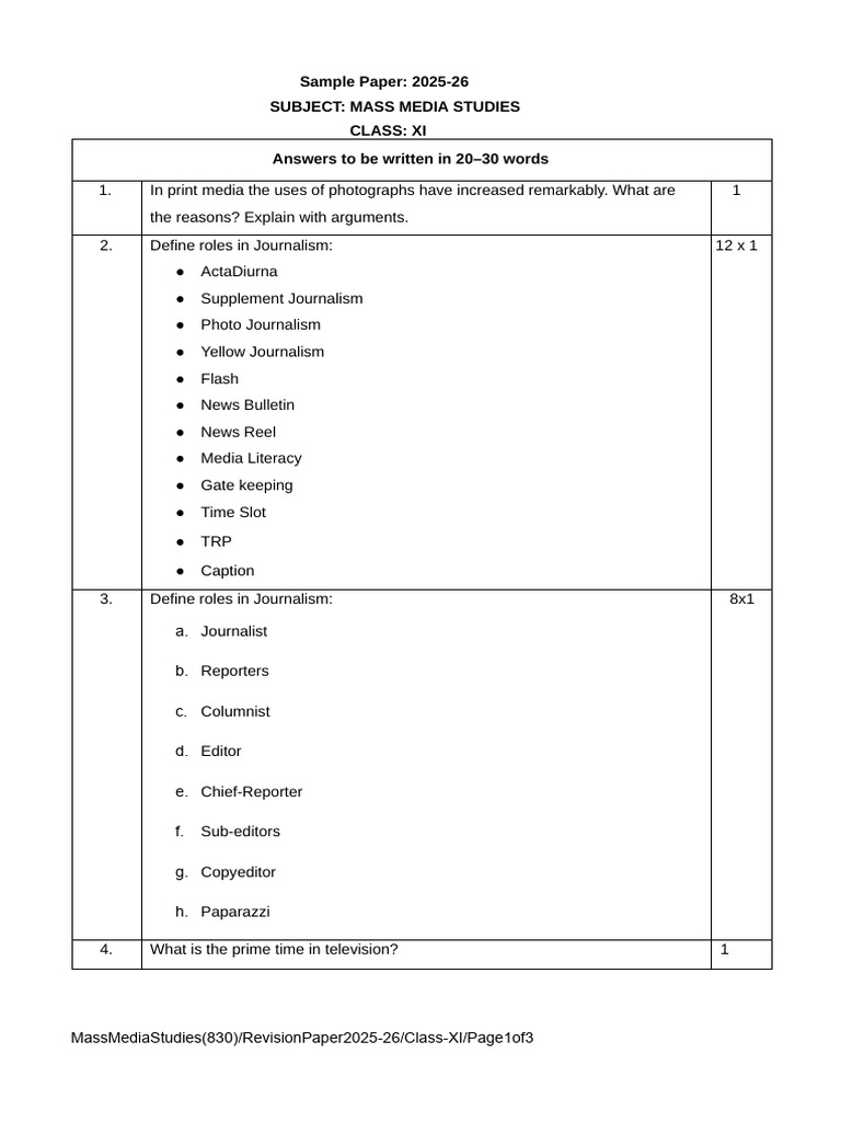 Mass Media Studies Class XI Revision Guide | PDF | Journalism | Mass Media