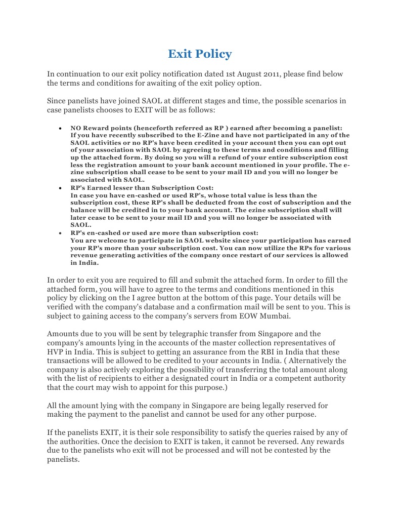 Exit Policy | Subscription Business Model | Service Industries | Free ...