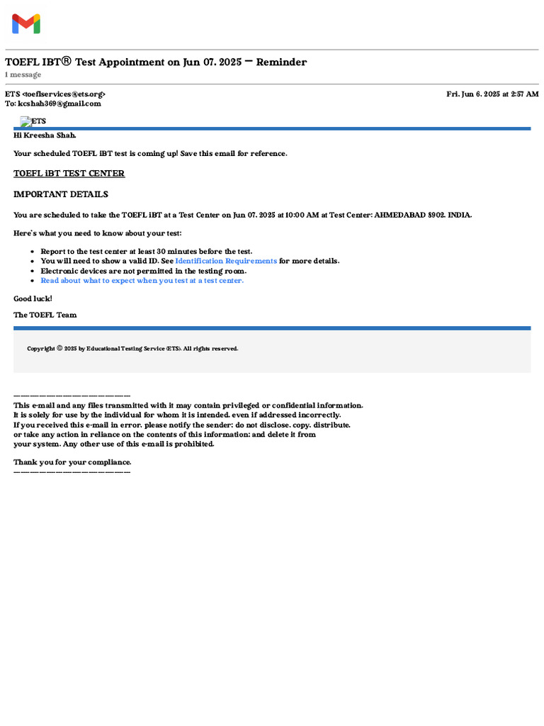 Gmail - TOEFL IBT® Test Appointment on Jun 07, 2025 – Reminder | PDF