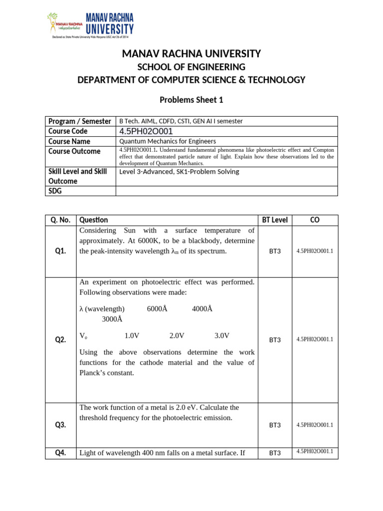Problem Sheet 1 | PDF