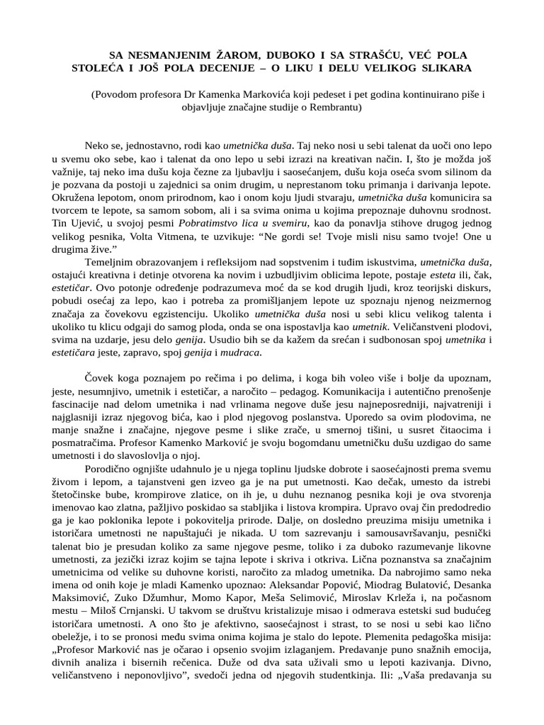 Kamenko Marković - Pedeset I Pet Godina o Rembrantu | PDF