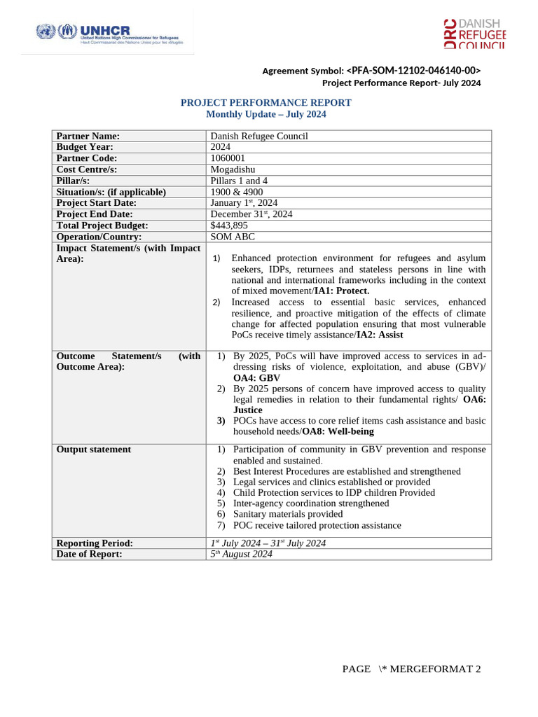 UNHCR SC 2024 Project Performance Report Template - July 2024-FV-3 | PDF | Refugee | Child ...