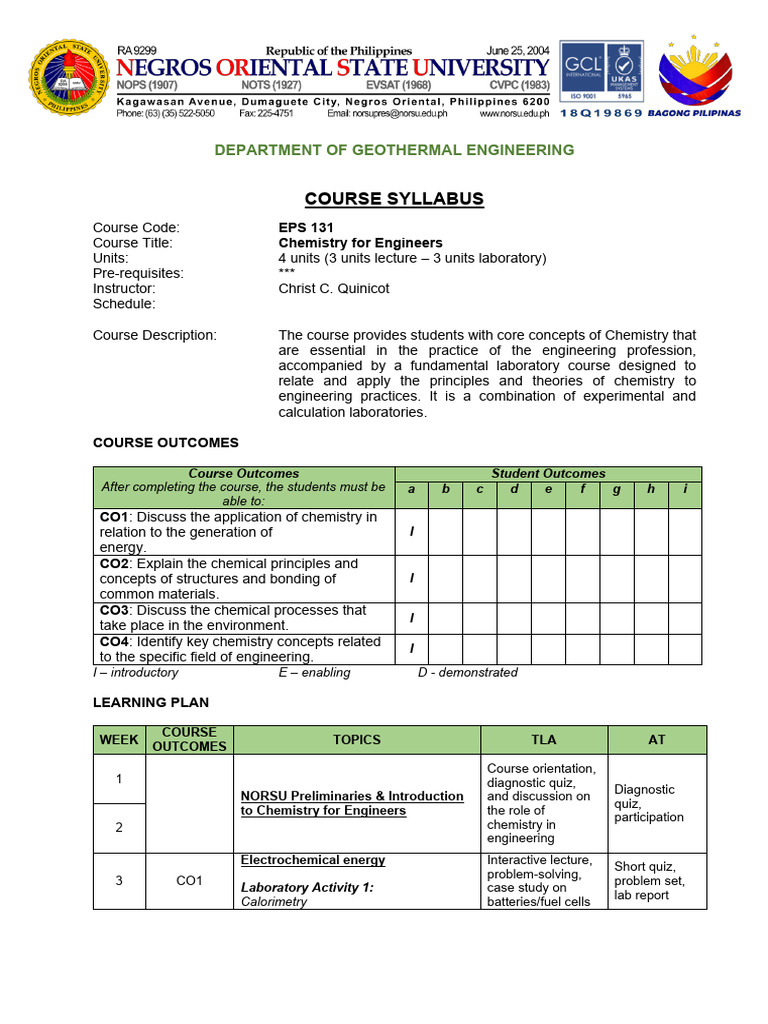 EPS 131 - Chemistry for Engineers ver.01 | PDF | Chemistry | Engineering