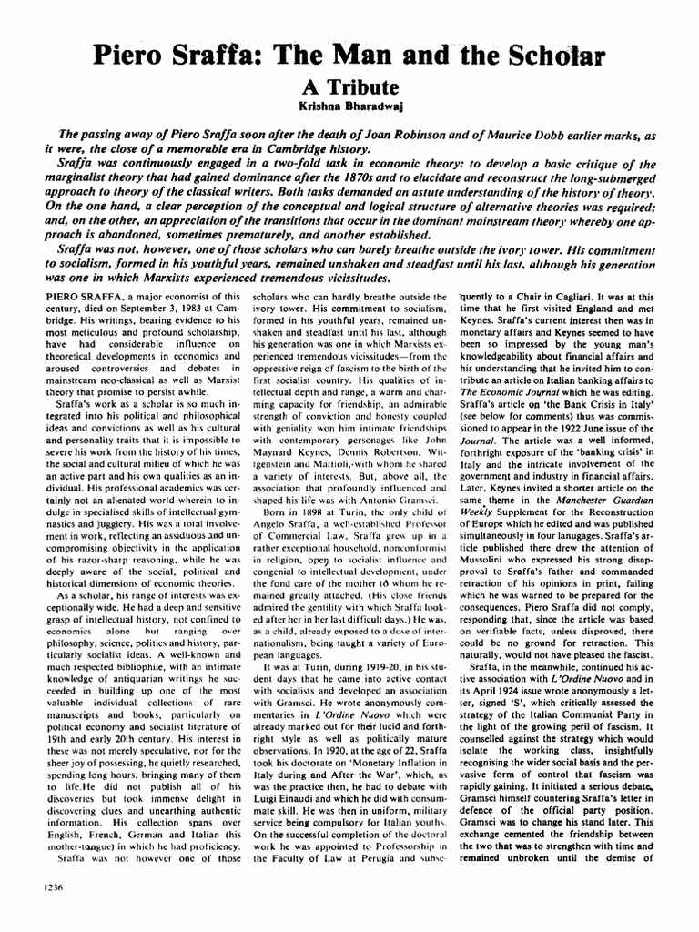 On Piero Sraffa | PDF | Economic Equilibrium | Supply And Demand