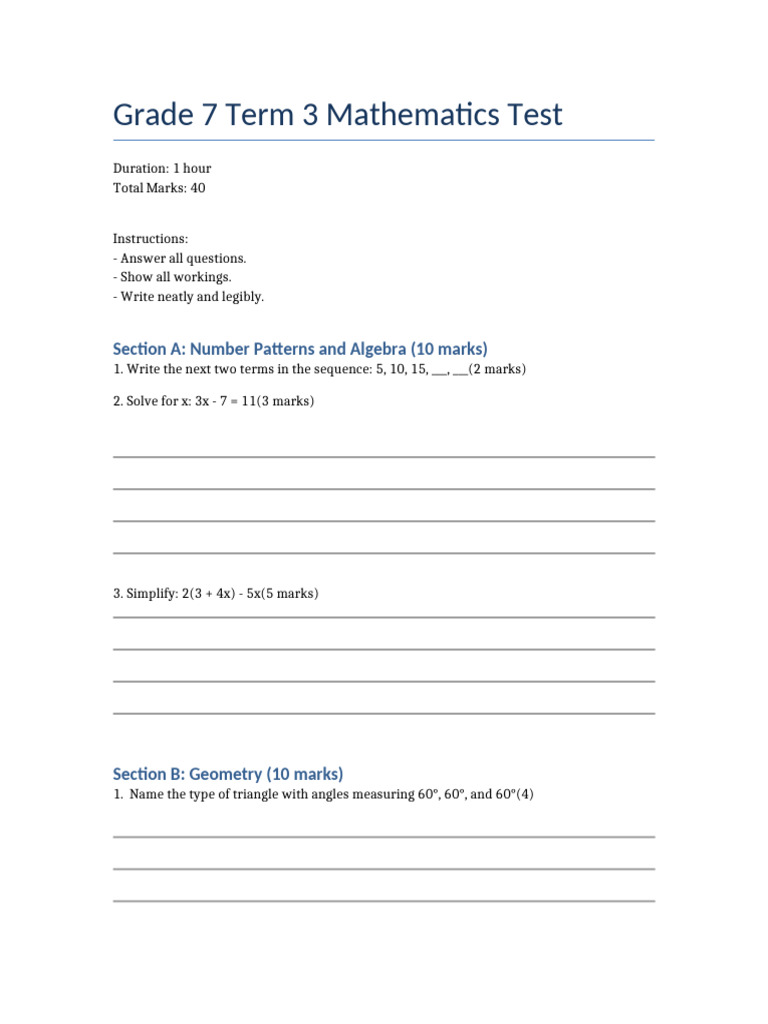 Grade 7 Term 3 Math Test (1) | PDF