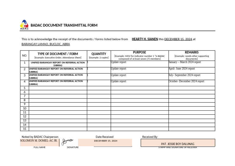 BADAC Document Transmittal Receipt | PDF