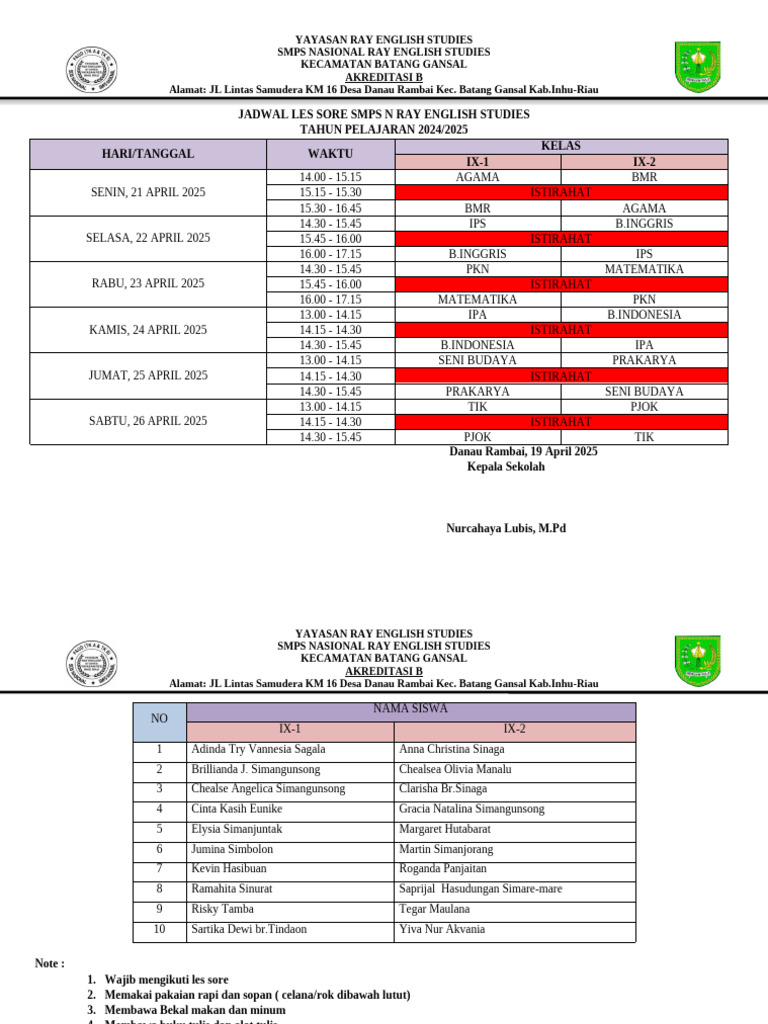 Jadwal Les Sore SMPS Ray English 2025 | PDF