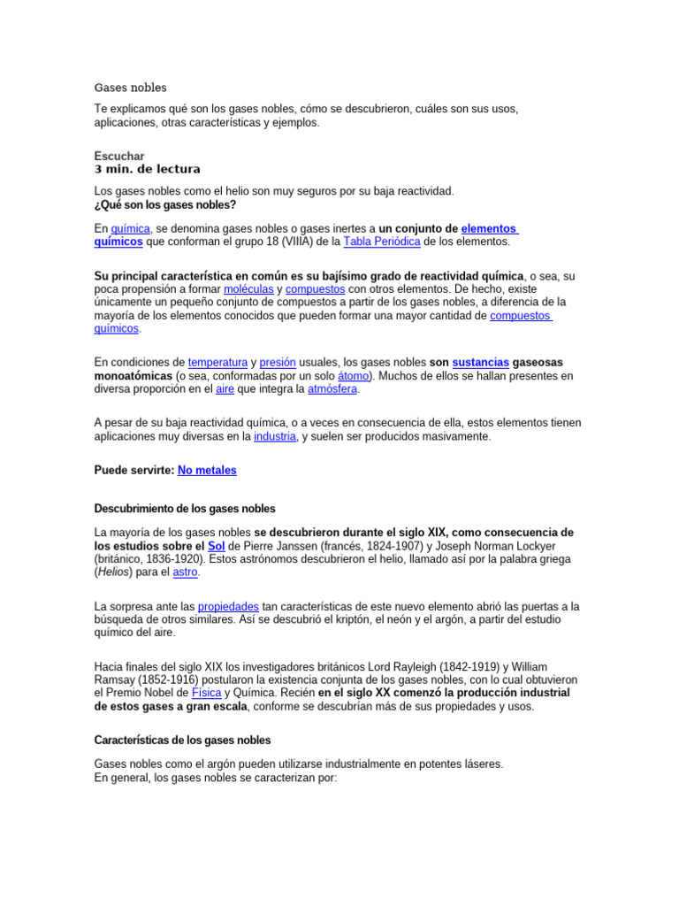 Gases Nobles: Características y Usos | PDF | Gases | Helio