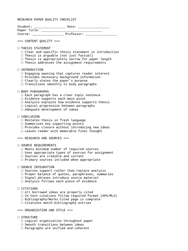 Research Paper Quality Checklist | PDF | Citation | Thesis
