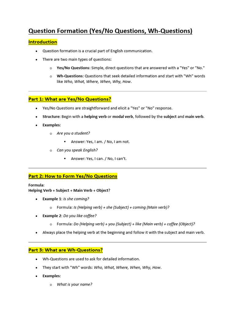 Forming Yes/No and Wh-Questions | PDF | Question | Subject (Grammar)